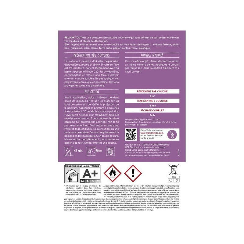 Bombe de peinture aérosol Relook Tout, MAISON DECO, 0.4 L ultraviolet ...